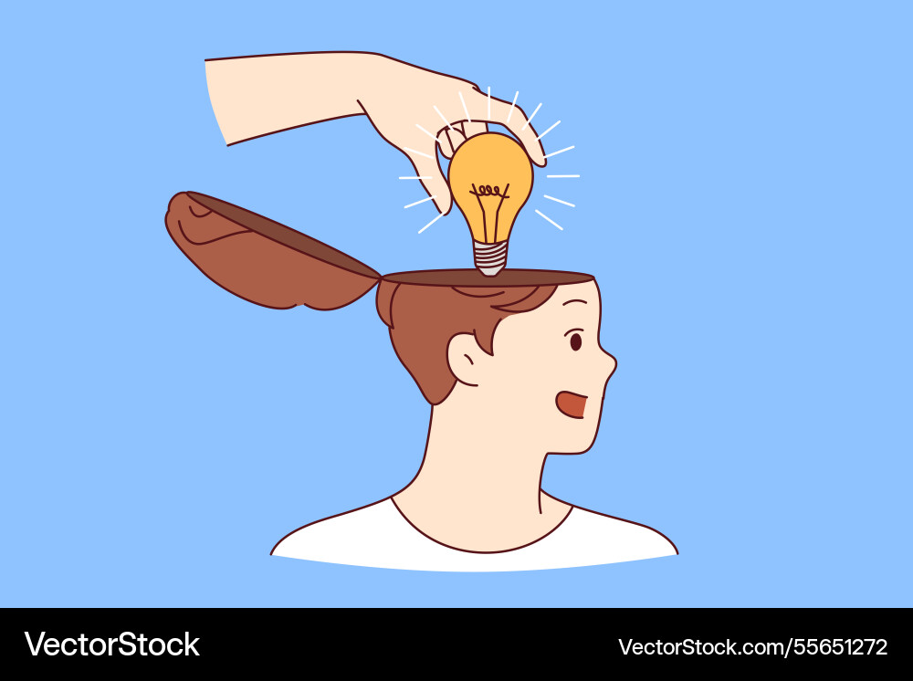 Mentor hand puts idea in shape light bulb into man