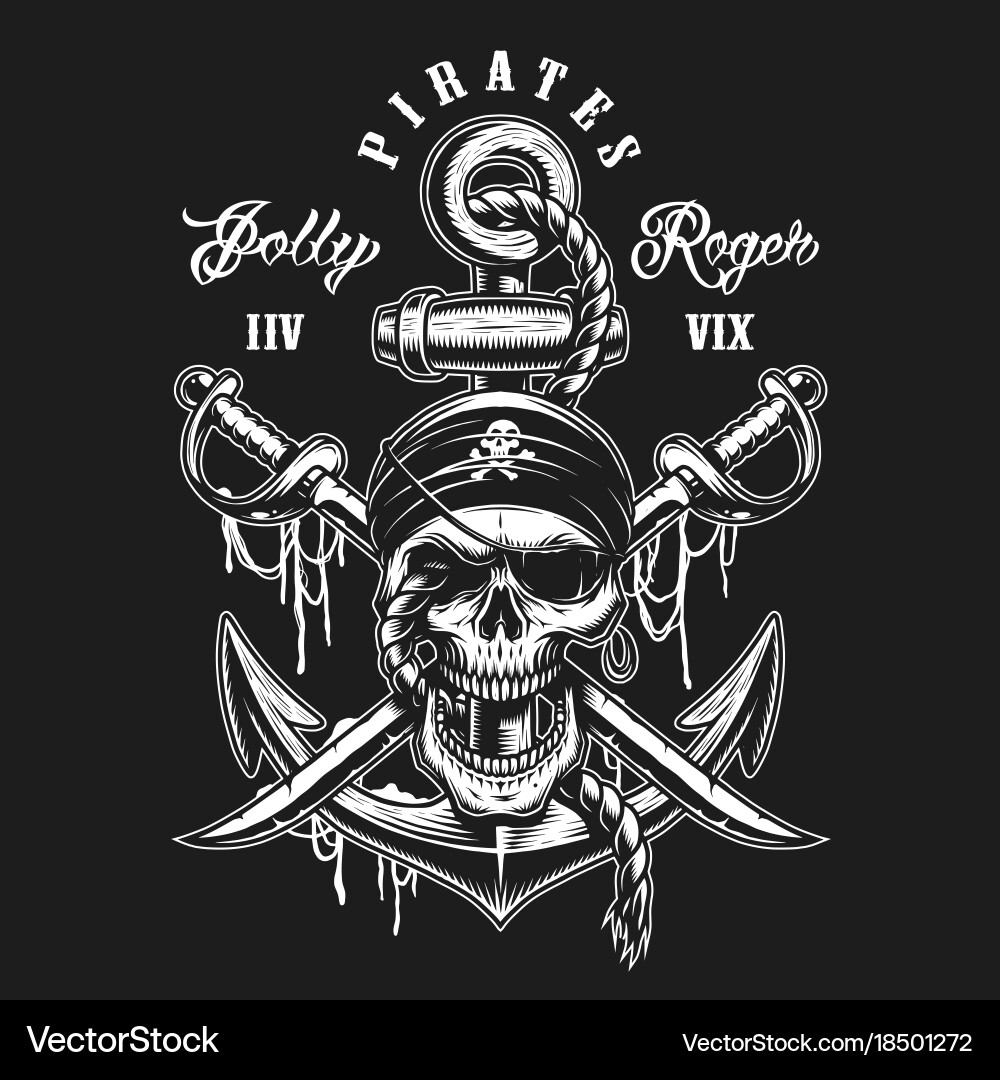 Pirate skull emblem with swords anchor Royalty Free Vector