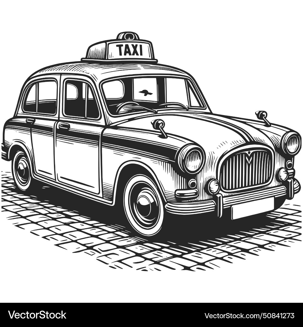 Classic black cab taxi engraving Royalty Free Vector Image