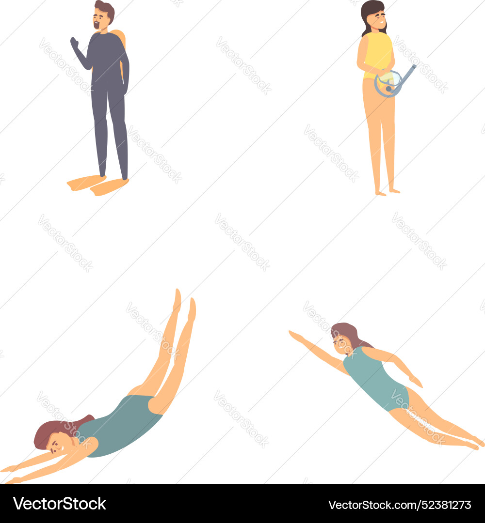 Free diving icons set cartoon active young Vector Image