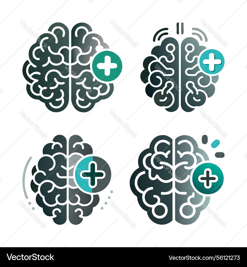 Stylized brain icons with circuit design and medic