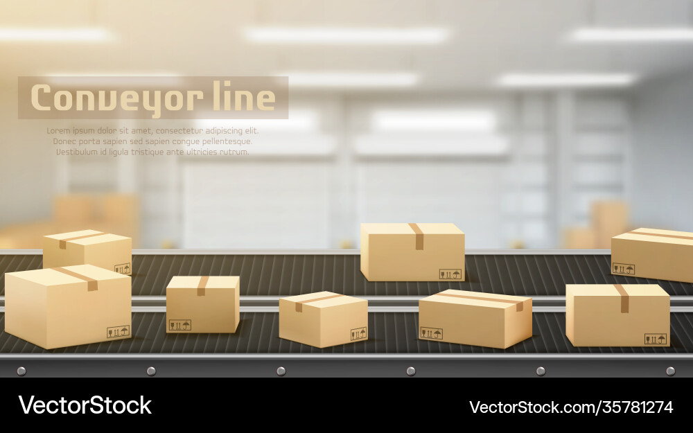 Conveyor line with carton boxes moving side view Vector Image