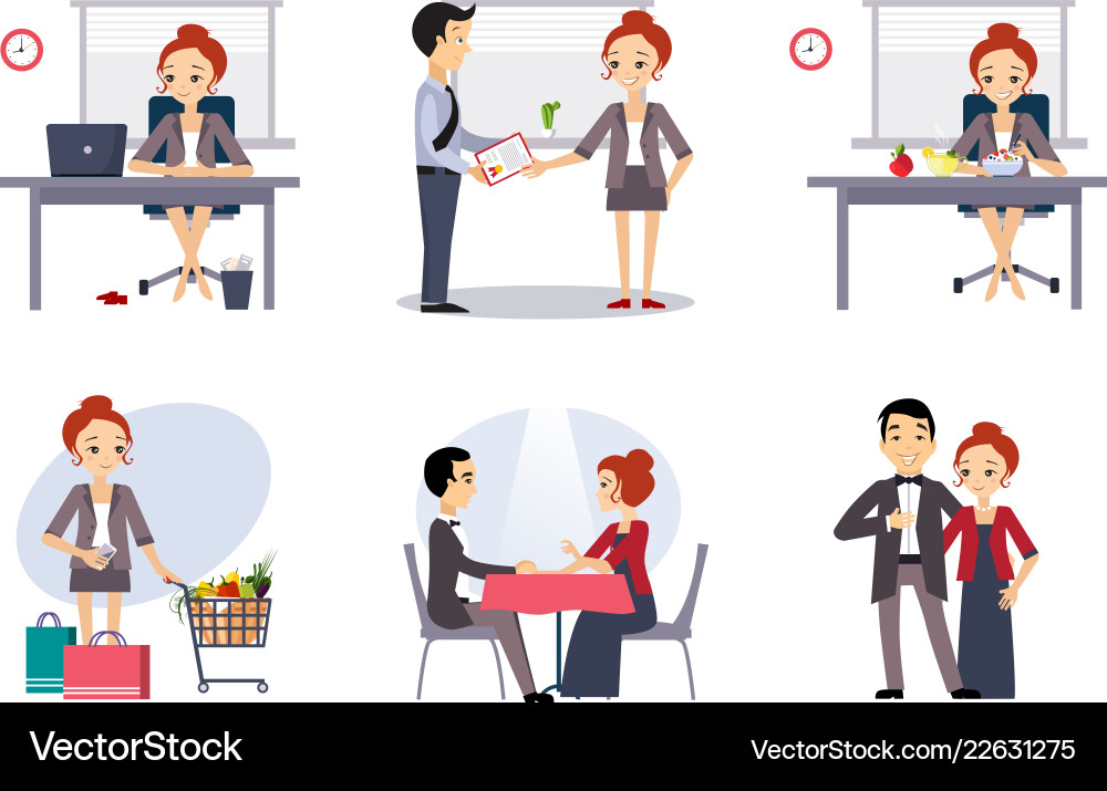 Daily routine business woman in various Royalty Free Vector