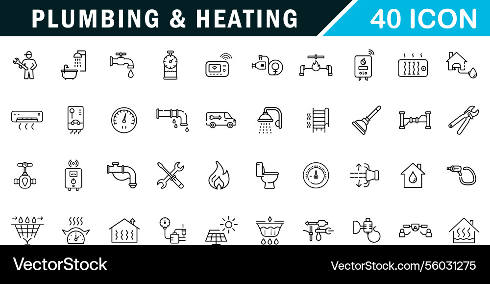Plumbing and heating outline editable icon set Vector Image
