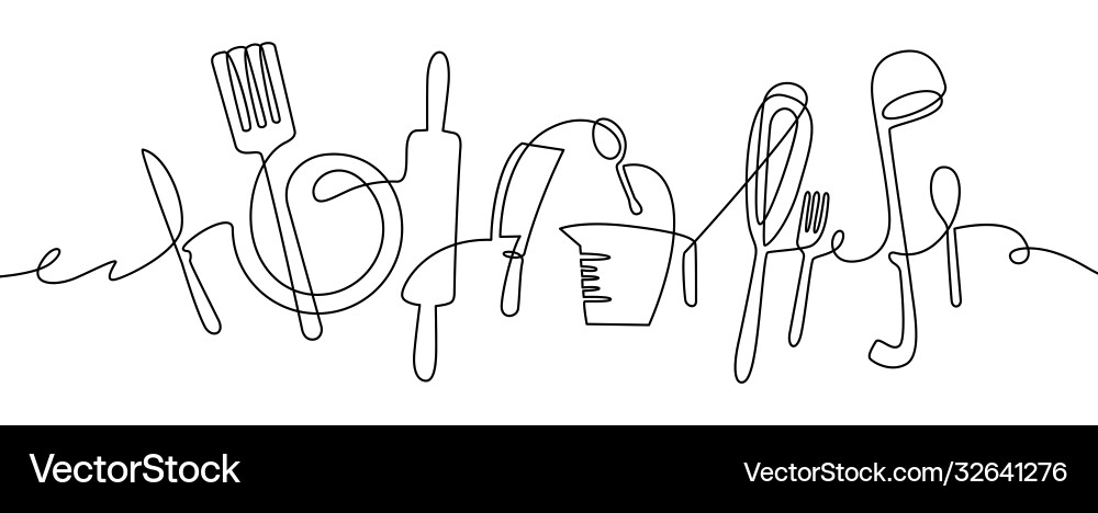 Kitchen tools continuous one line drawing Vector Image