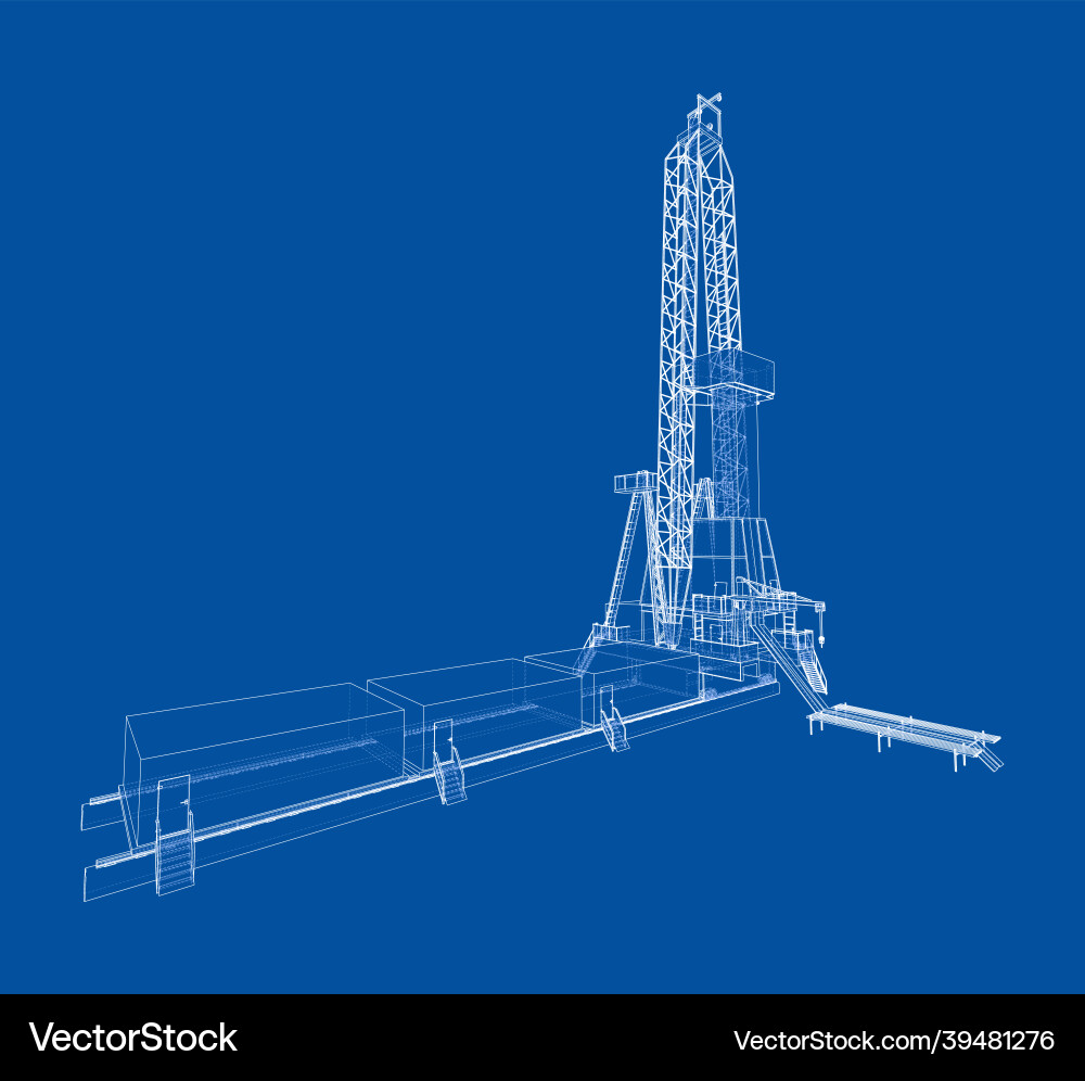 Oil rig rendering of 3d wire-frame style Vector Image