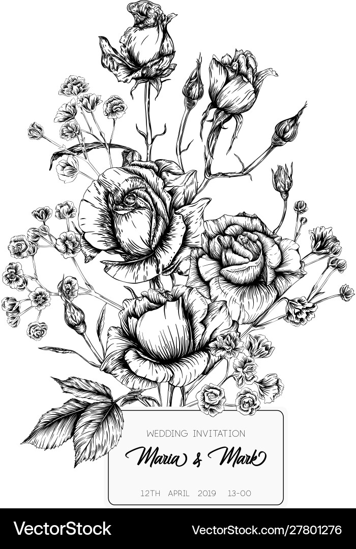 Wedding invitation with roses and spring flowers Vector Image