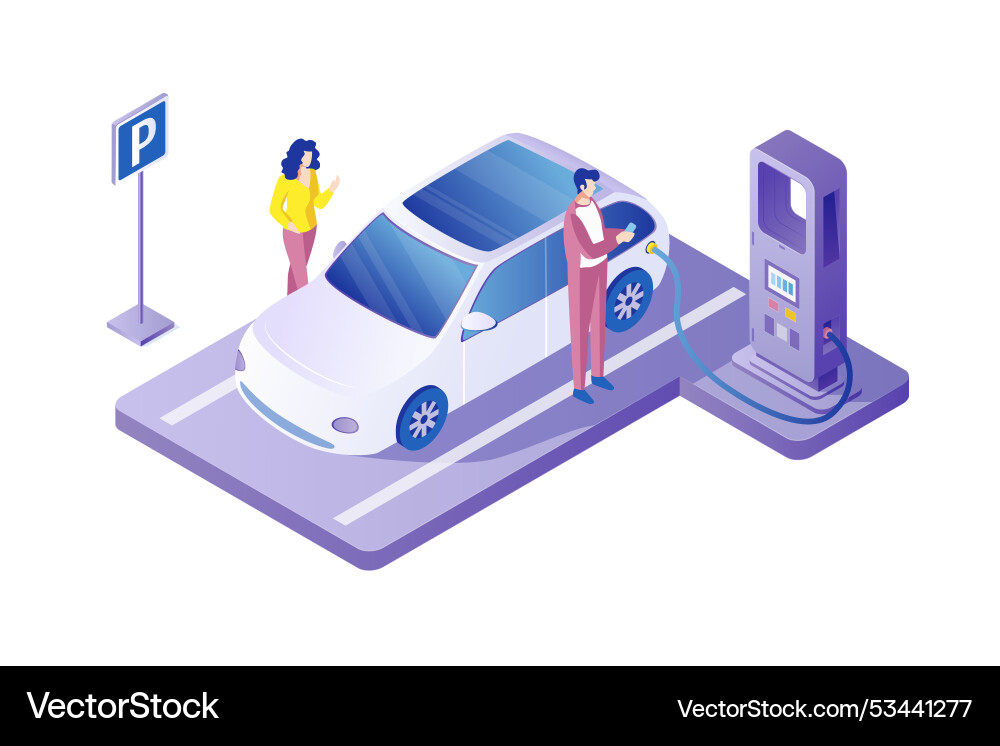 Color car charging scene concept with characters Vector Image