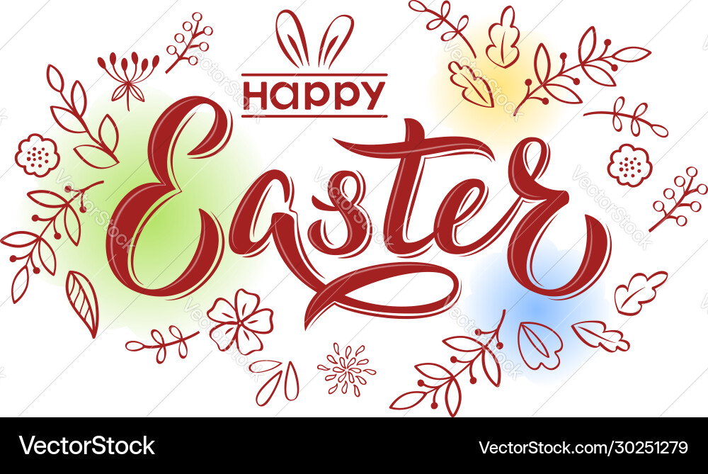Happy easter text hand lettering with flowers Vector Image