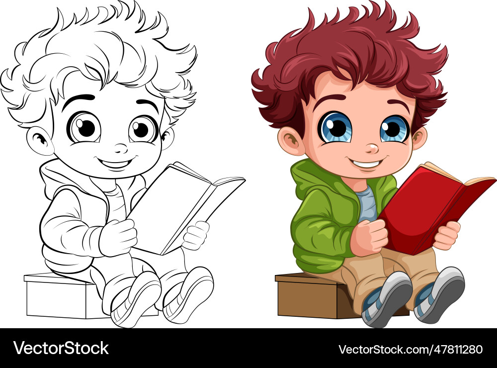 Cute boy reading book outline for colouring Vector Image