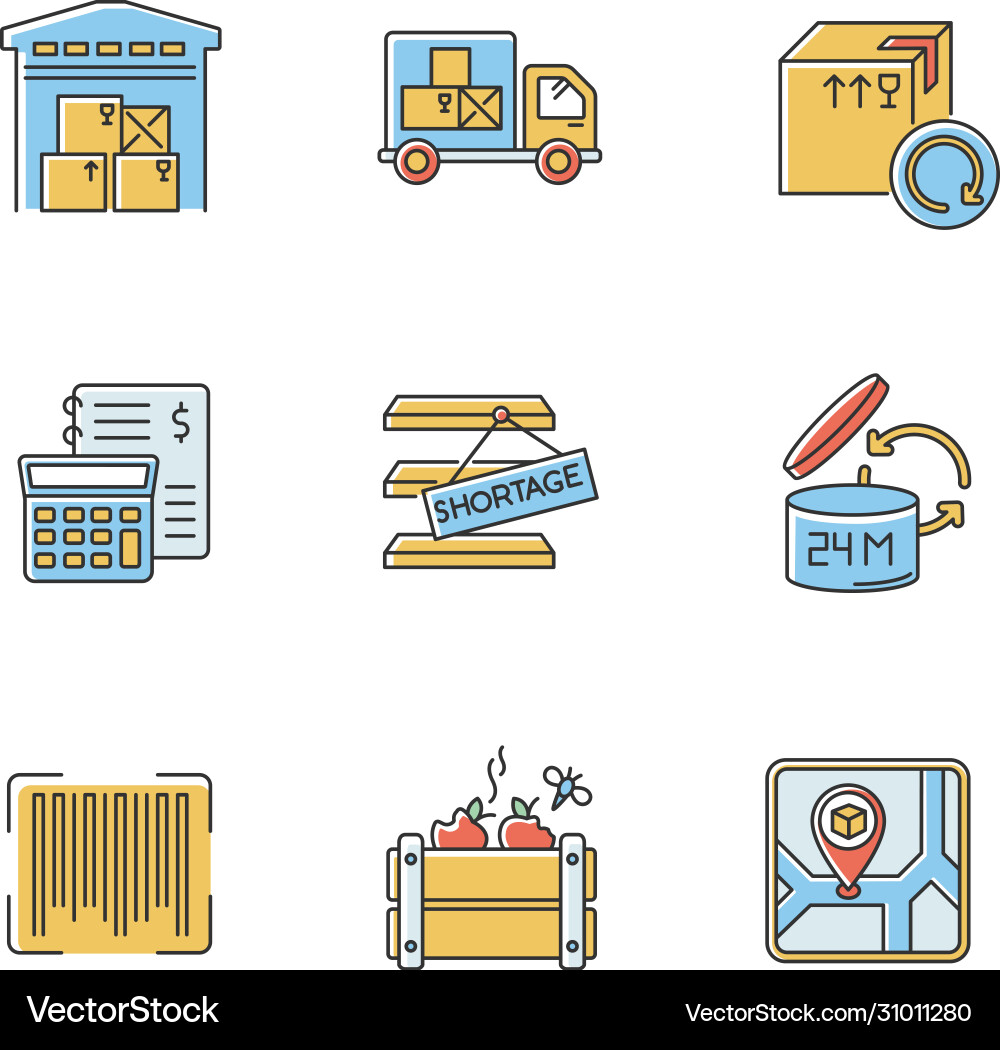 Inventory management rgb color icons set storage Vector Image