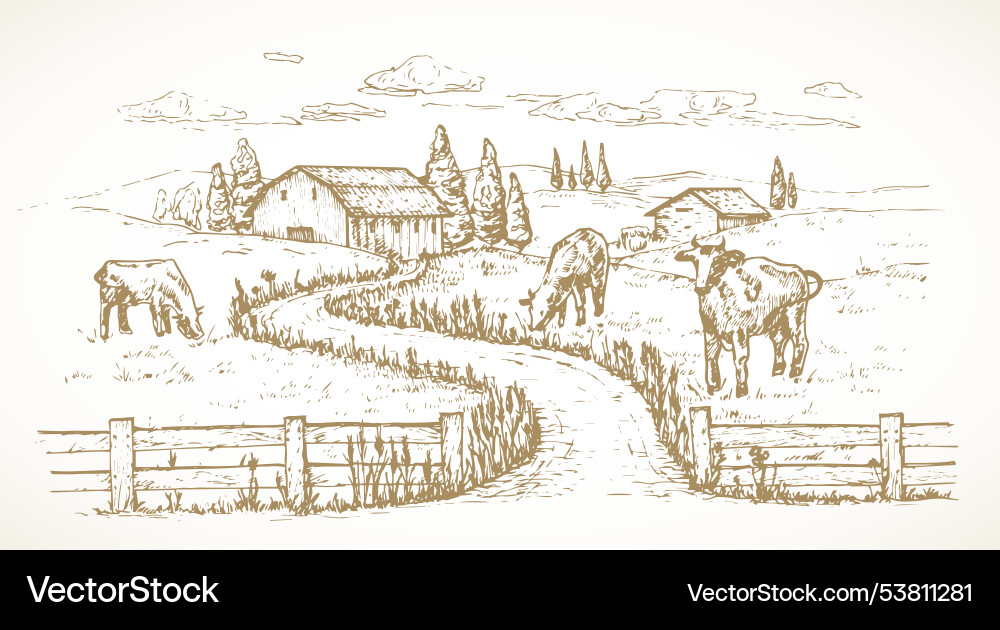 Cow farm sketch rustic landscape Royalty Free Vector Image