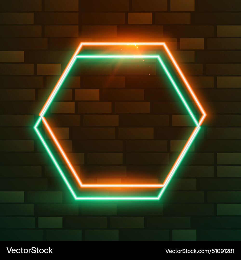 Luminous hexagon neon frame background with wall Vector Image