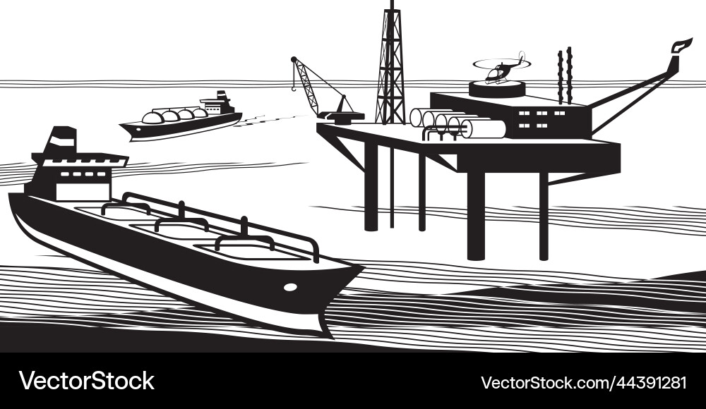 Tankers loading petrol from offshore oil rig Vector Image