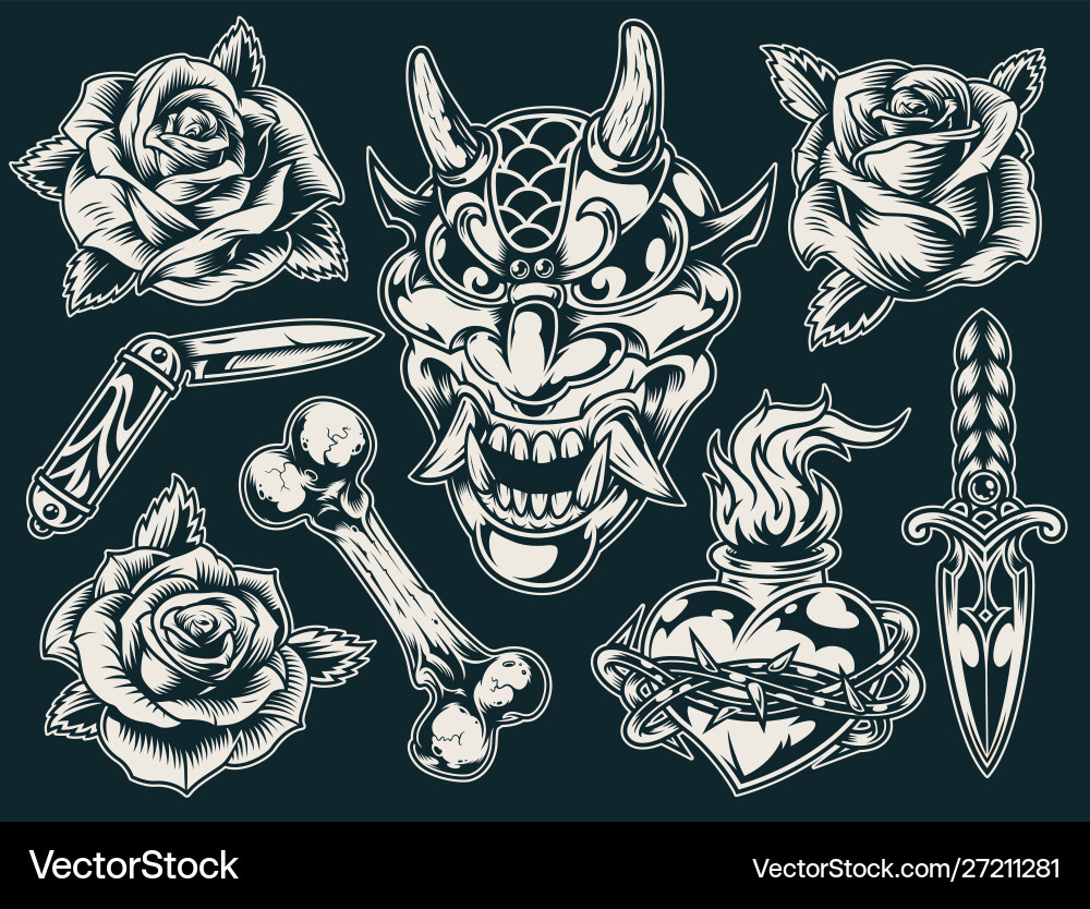 Vintage flash tattoos monochrome set Royalty Free Vector