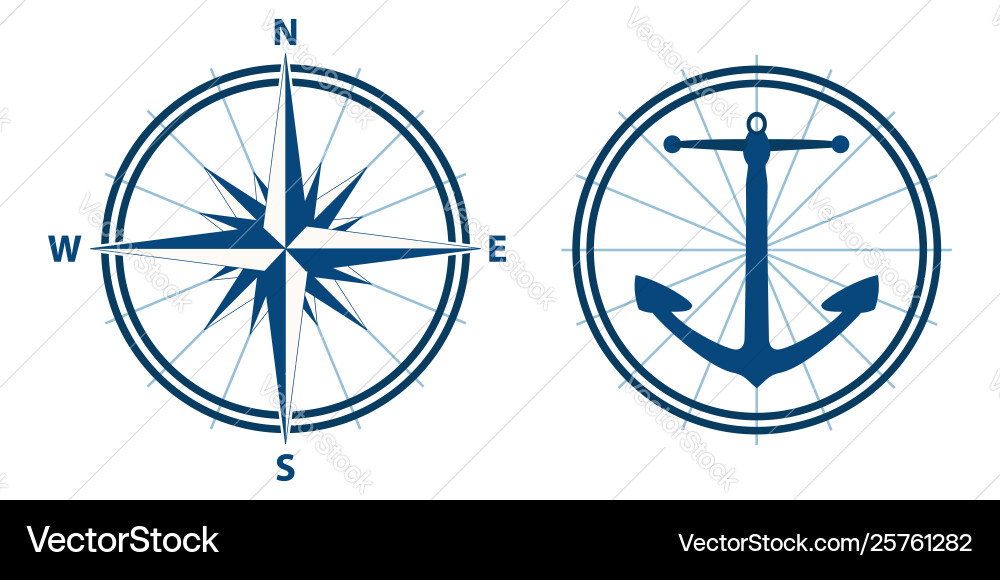 Nautical Elements - Compass & Anchor Vector Image