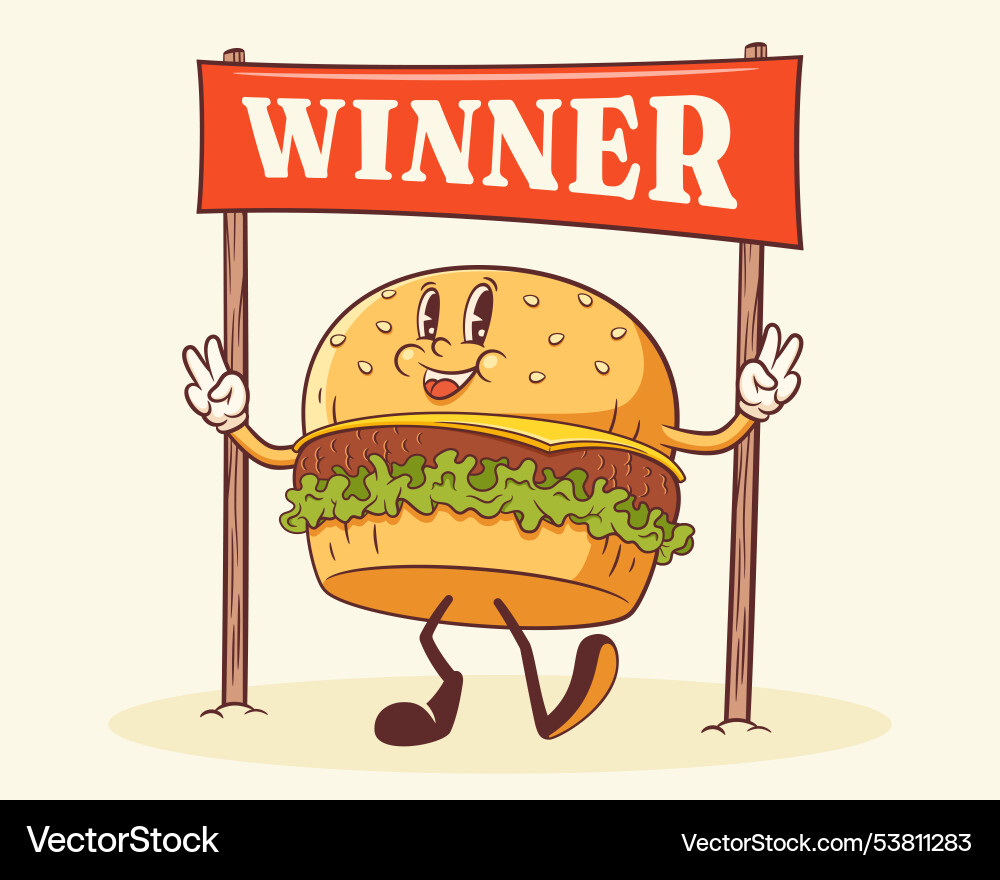 Groovy burger winner retro character label Vector Image Groovy burger winner retro character label Vector Image