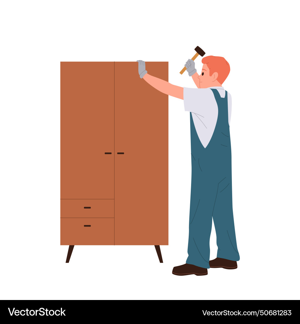 Workman cartoon character assembling wooden Vector Image