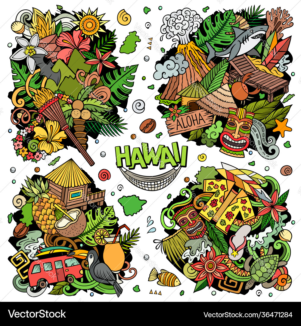 Hawaii cartoon doodle designs set Royalty Free Vector Image