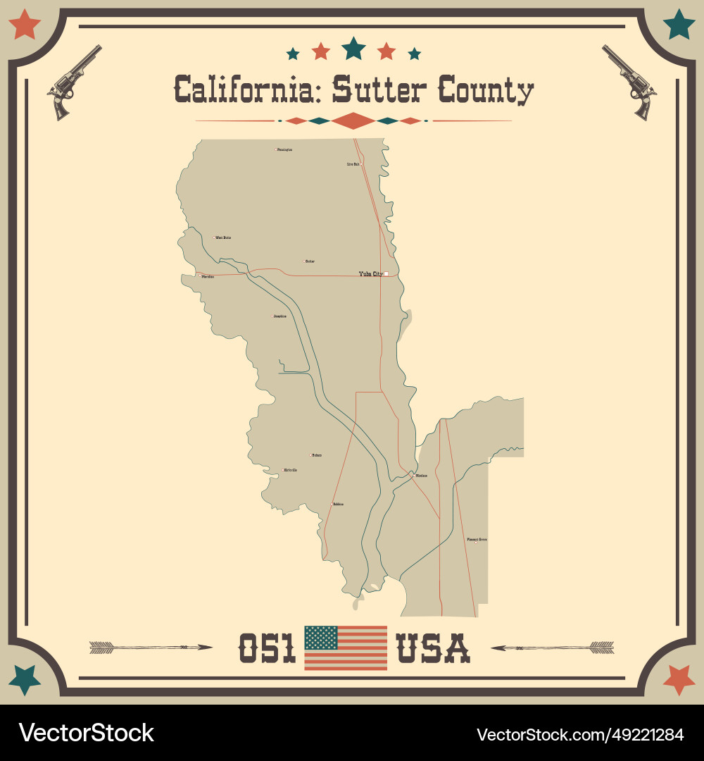 Large and accurate map of sutter county Royalty Free Vector