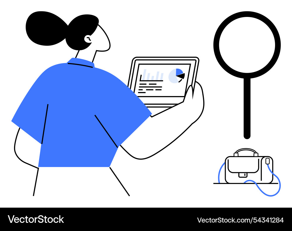 Woman analyzing charts on tablet with magnifying Vector Image