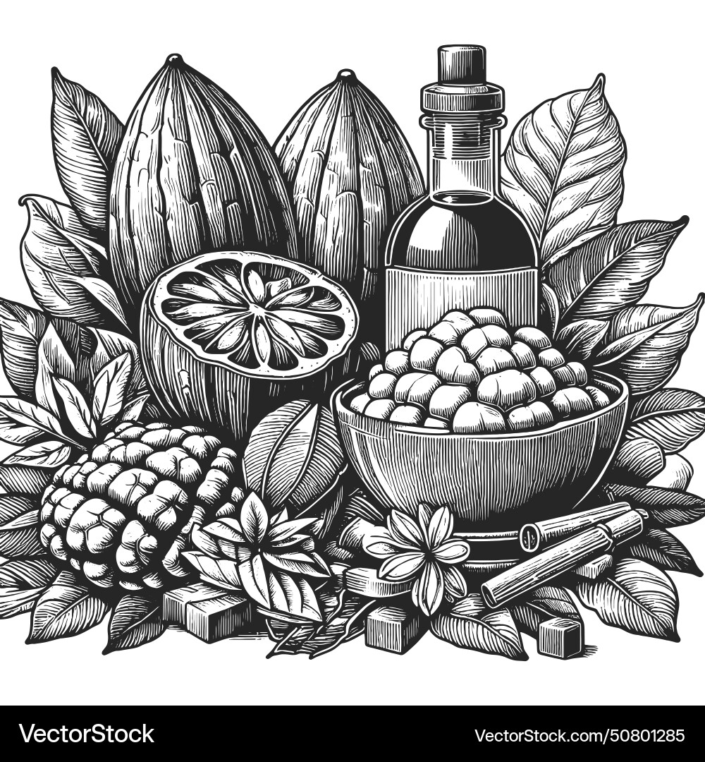 Cocoa pods and chocolate bar sketch Royalty Free Vector