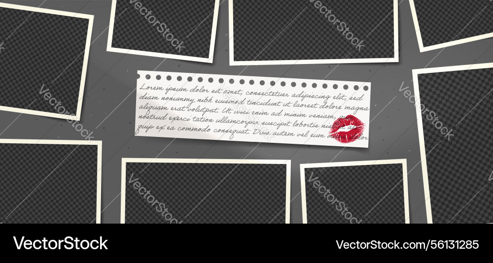 Photo frame template with kiss note and lips Vector Image