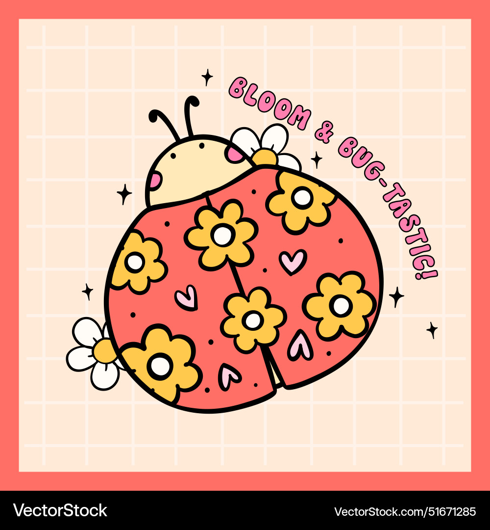 Retro groovy happy lady bug with flower power Vector Image