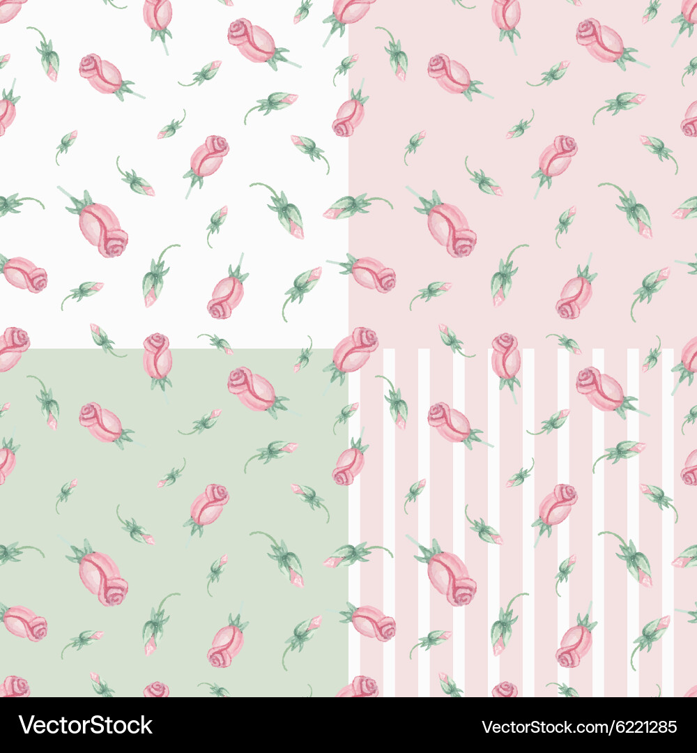 Watercolor pink roses buds seamless pattern set Vector Image