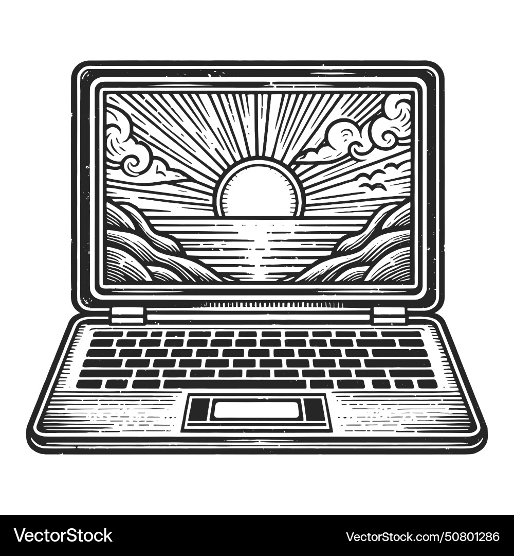 Open laptop engraving sketch Royalty Free Vector Image