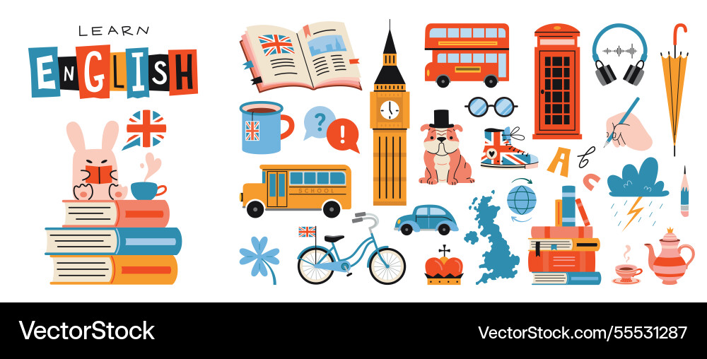Learning english set with books and iconic Vector Image