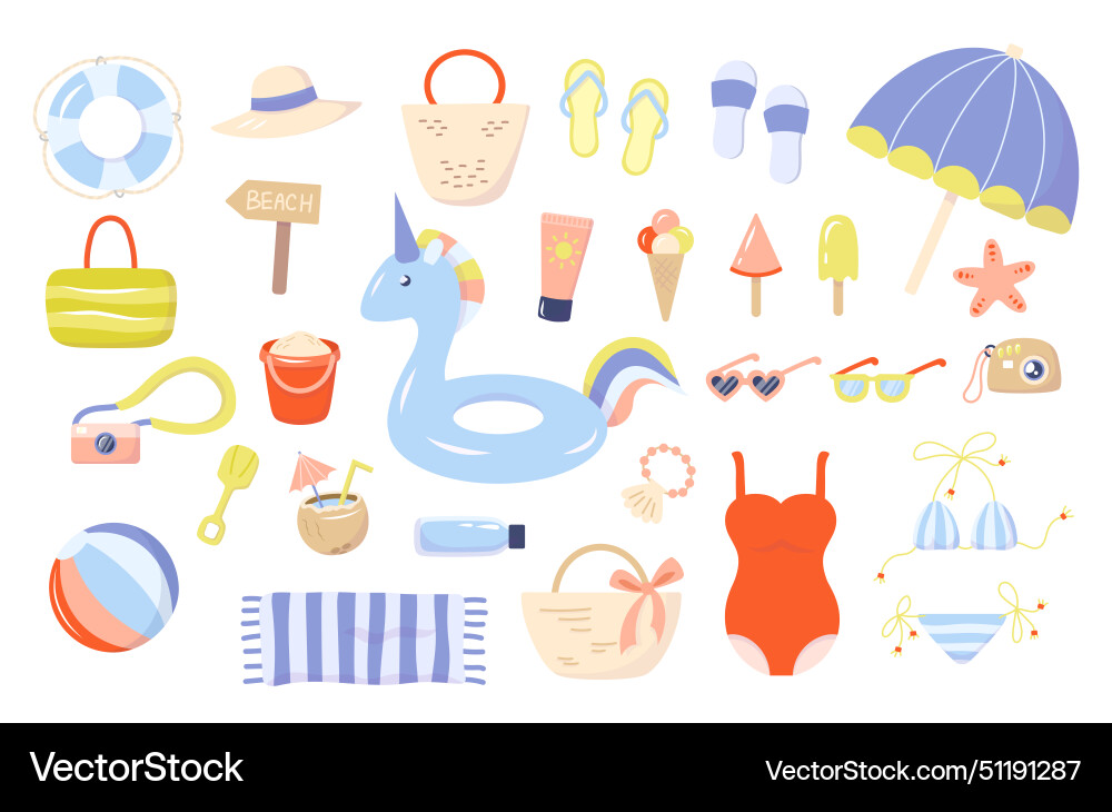 Summer beach cute set design elements Royalty Free Vector