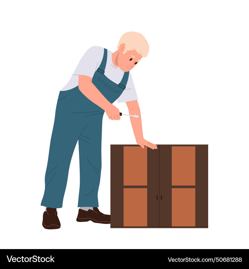 Man carpenter cartoon character using screwdriver Vector Image