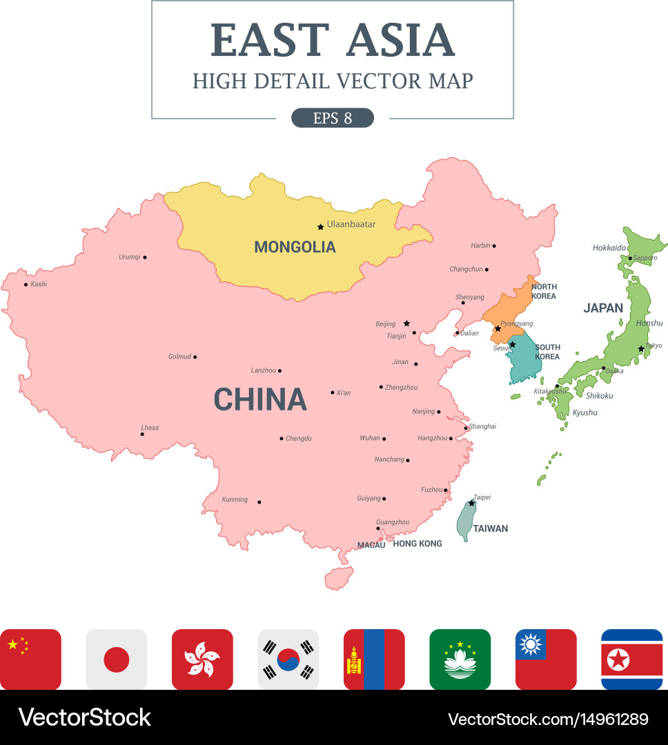 East Asia Countries Map Royalty Free Vector Image