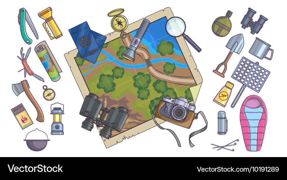 Hiking equipment info graphicsmountain icons Vector Image