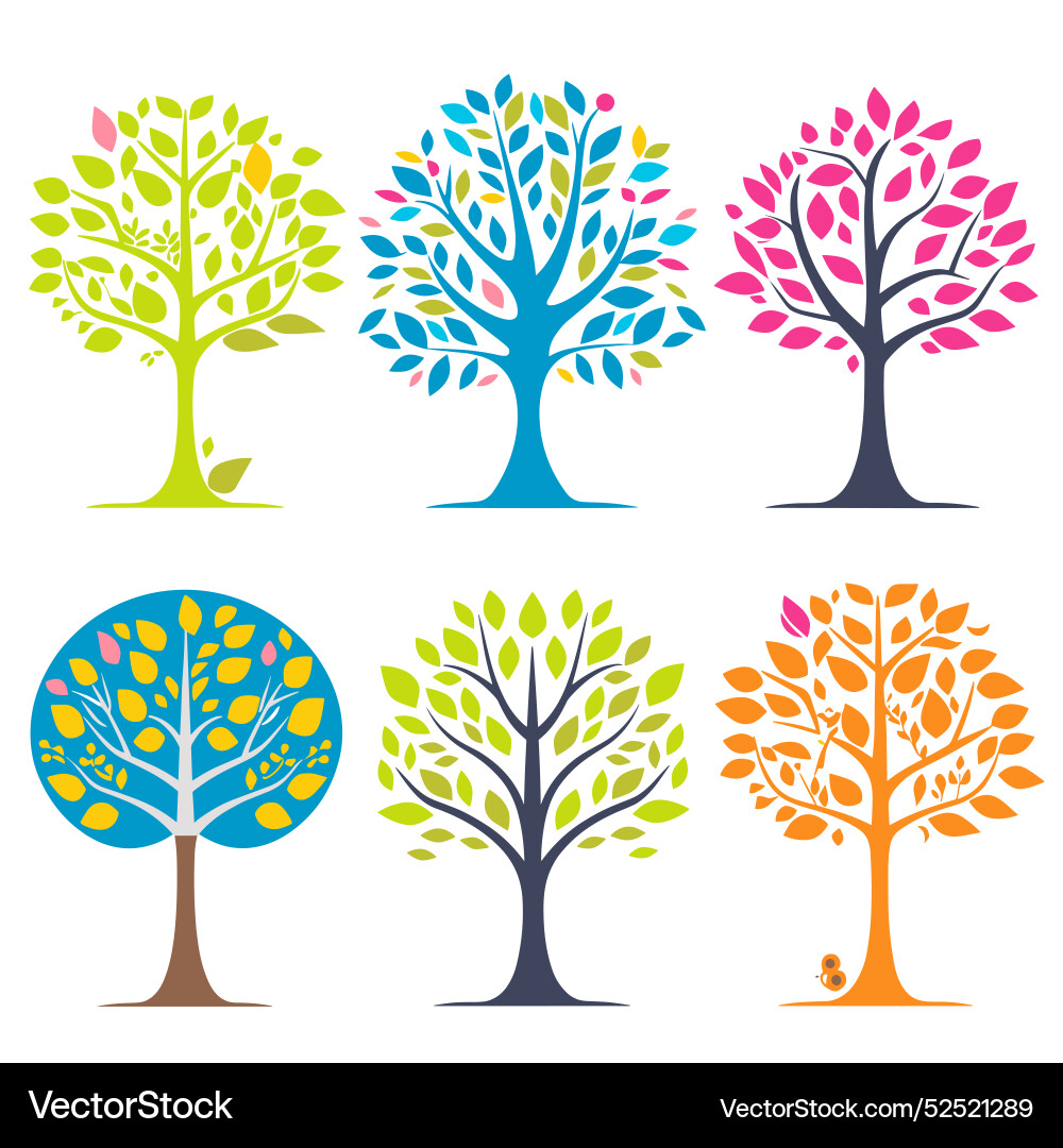 Six stylized trees representing different seasons Vector Image