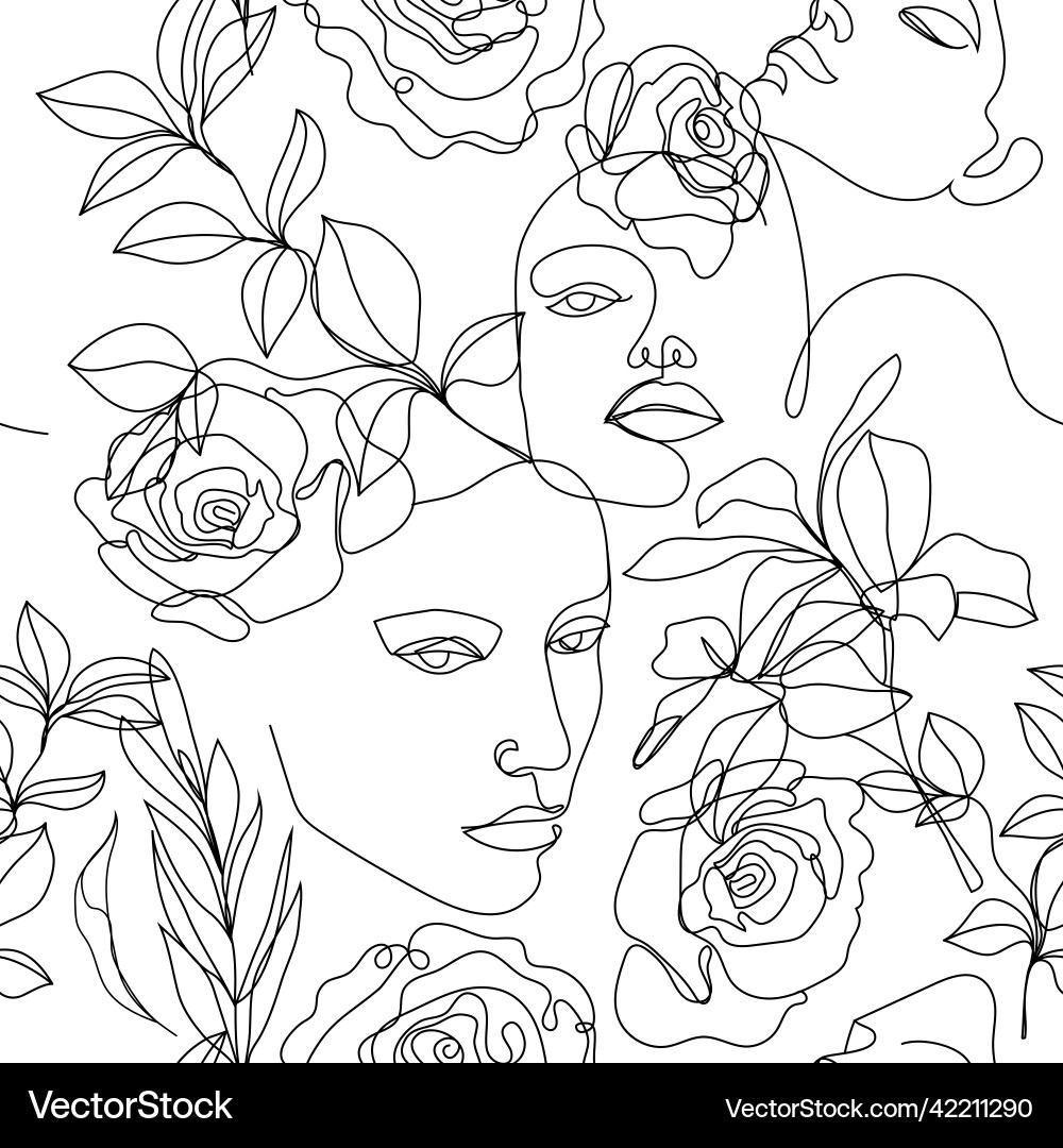 Continuous Line Woman Face Floral Pattern Vector Image