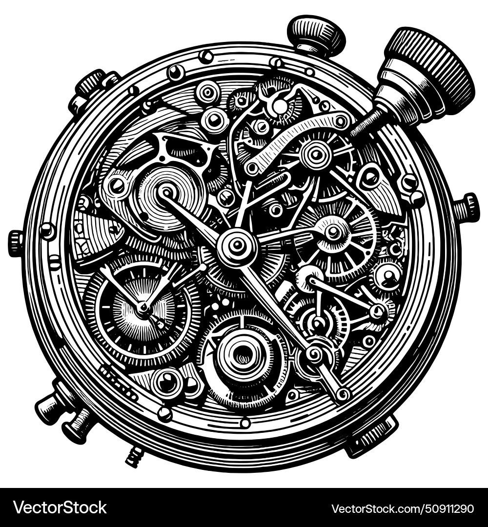 Old wristwatch with a complex mechanism sketch Vector Image