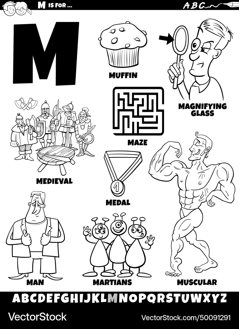 Letter m set with cartoon objects and characters Vector Image