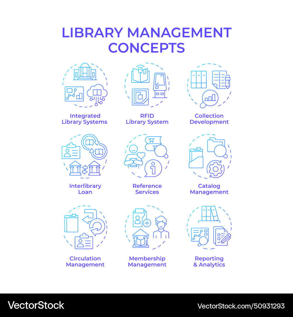 Library management blue gradient concept icons Vector Image