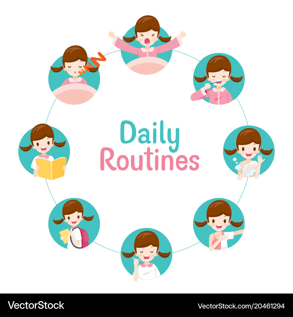 Daily routines of girl on circle chart Royalty Free Vector