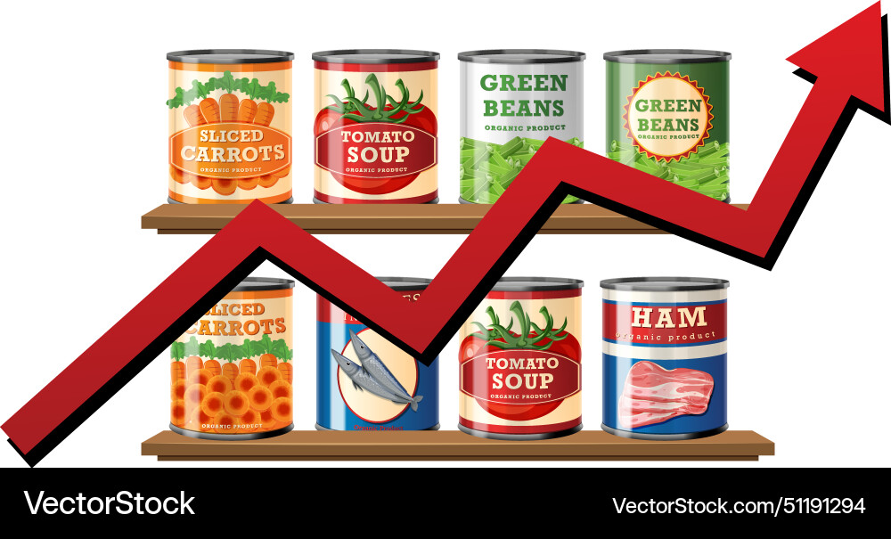 Various canned goods displayed with rising arrow Vector Image