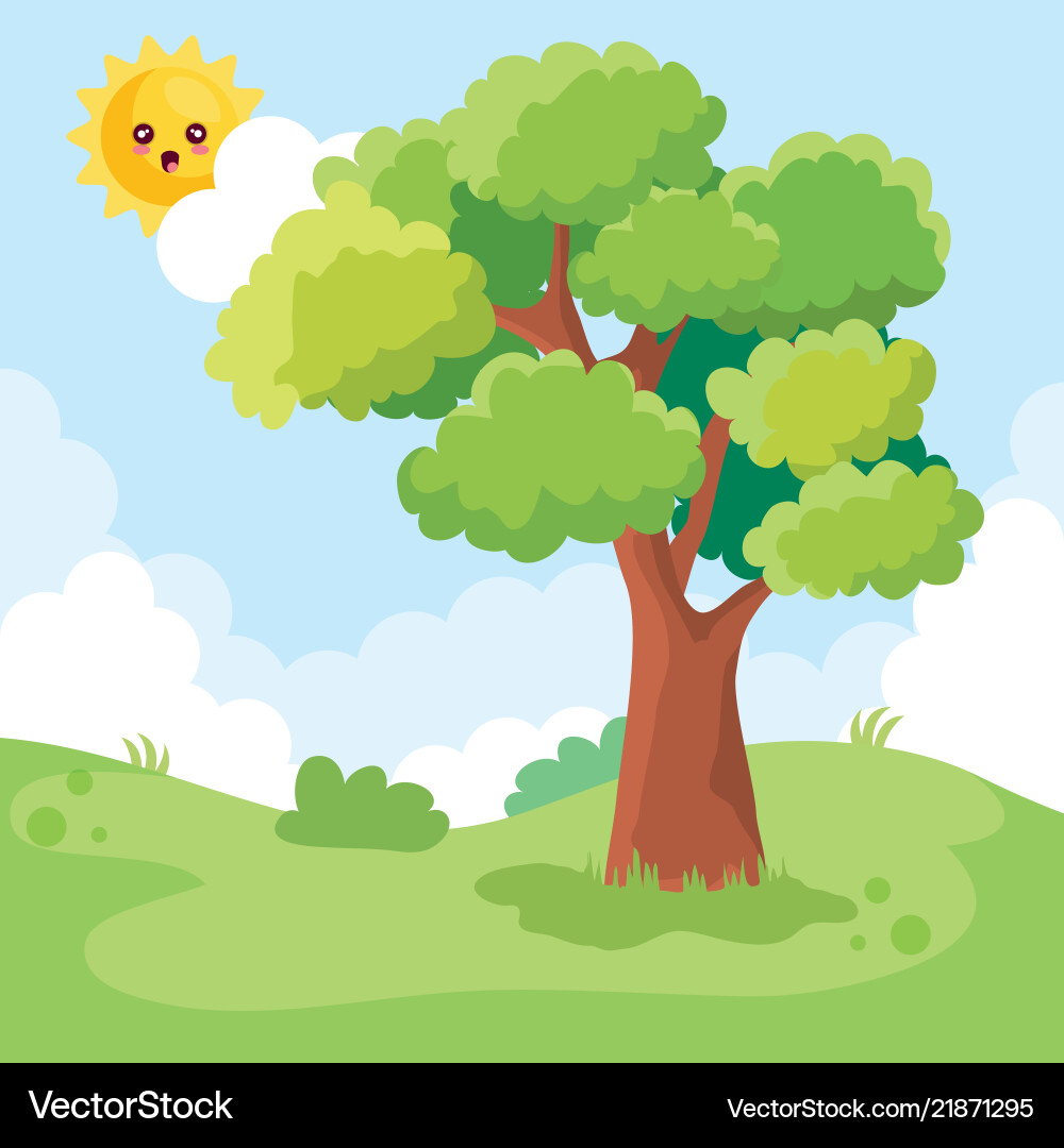 Landscape scene with tree and sun character Vector Image