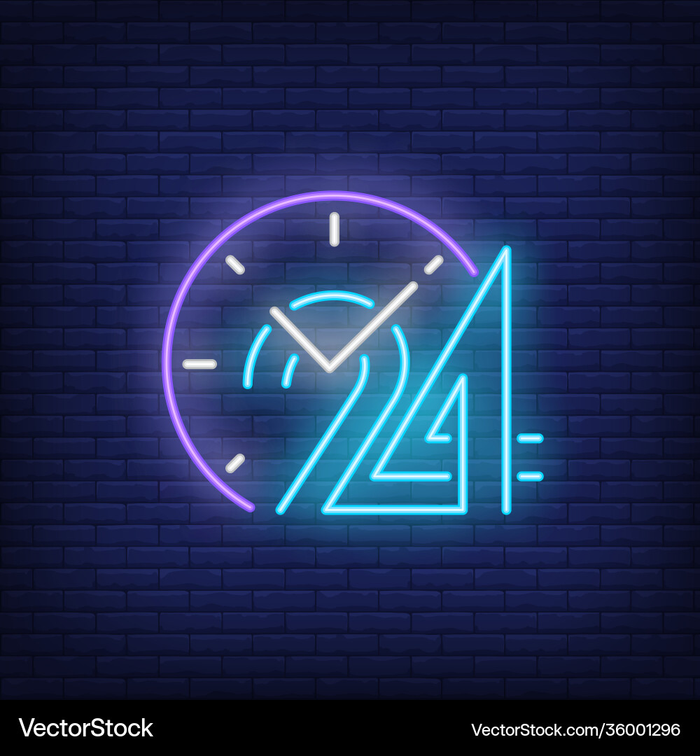 Clock and twenty four hours neon sign Royalty Free Vector