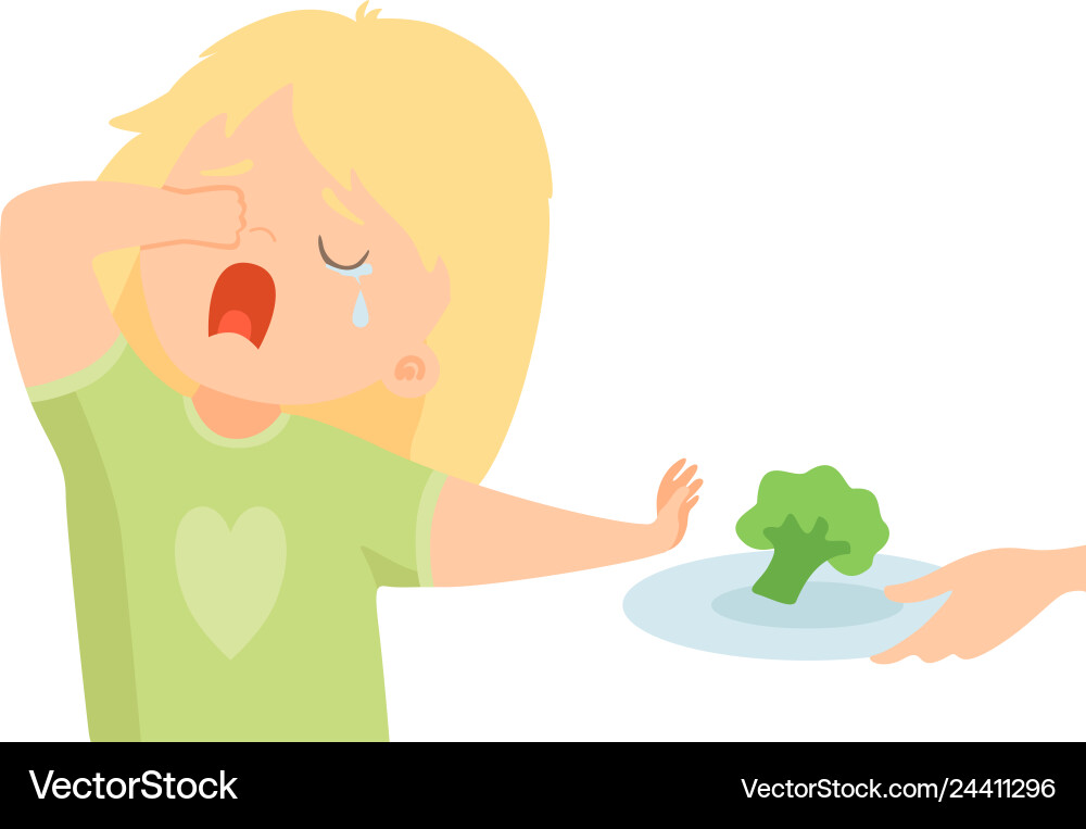 Cute crying girl refusing to eat broccoli kid Vector Image