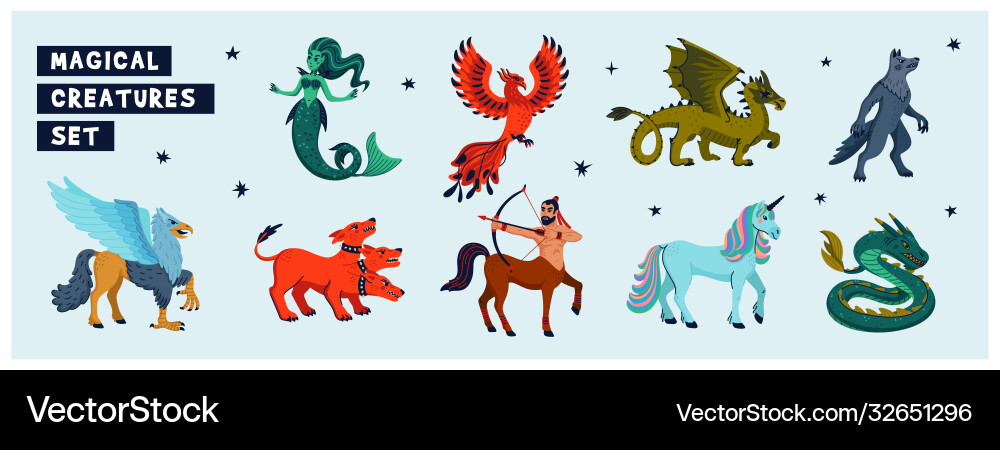Magical creatures set mythological animals flat Vector Image