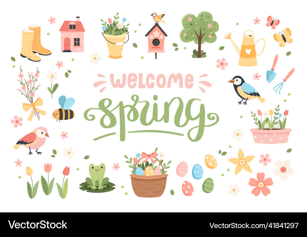 Welcome spring elements collection - lettering Vector Image