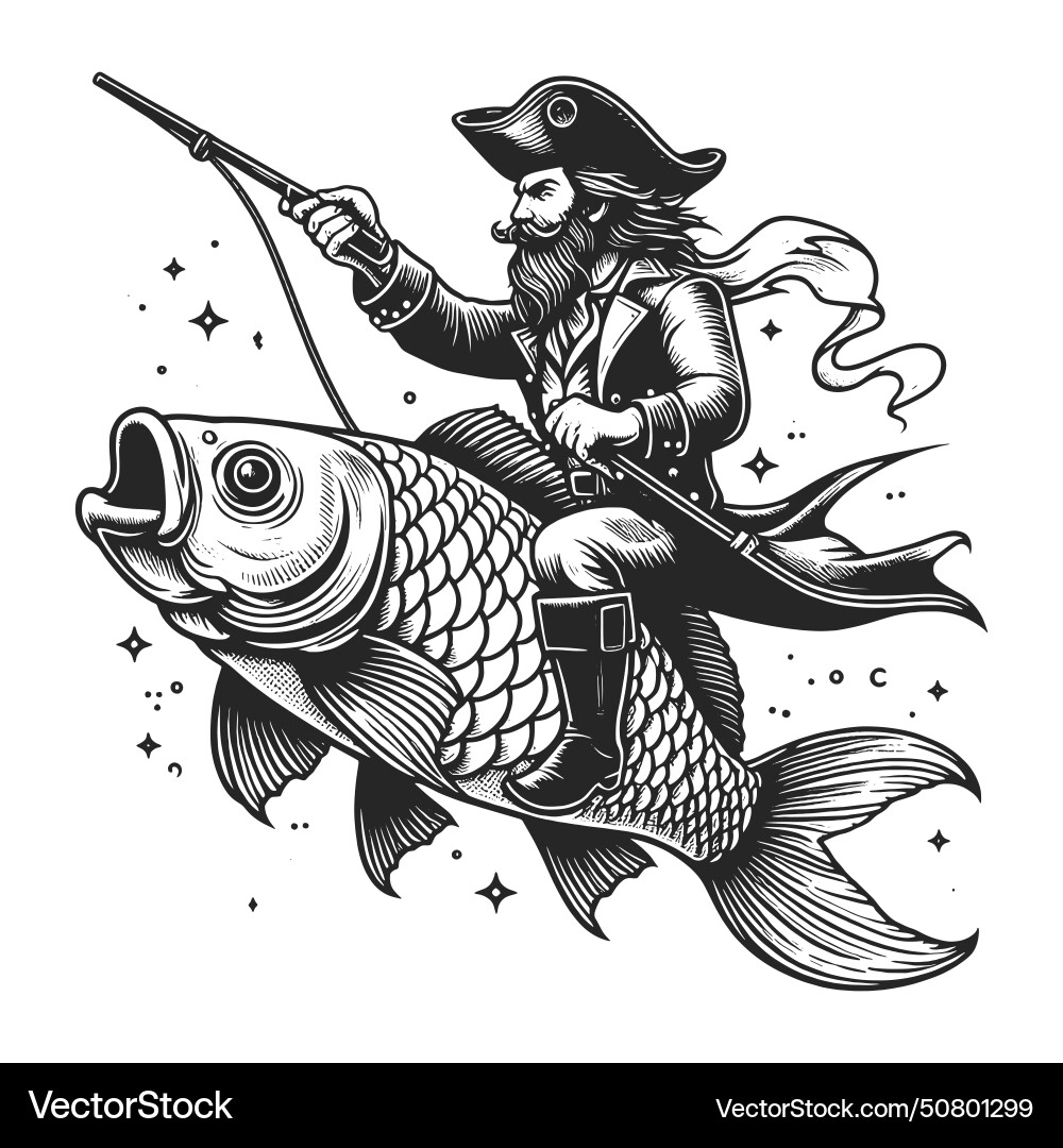 Pirate captain riding fish sketch Royalty Free Vector Image
