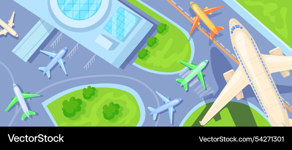 Airplanes runway top view plane ready takeoff Vector Image