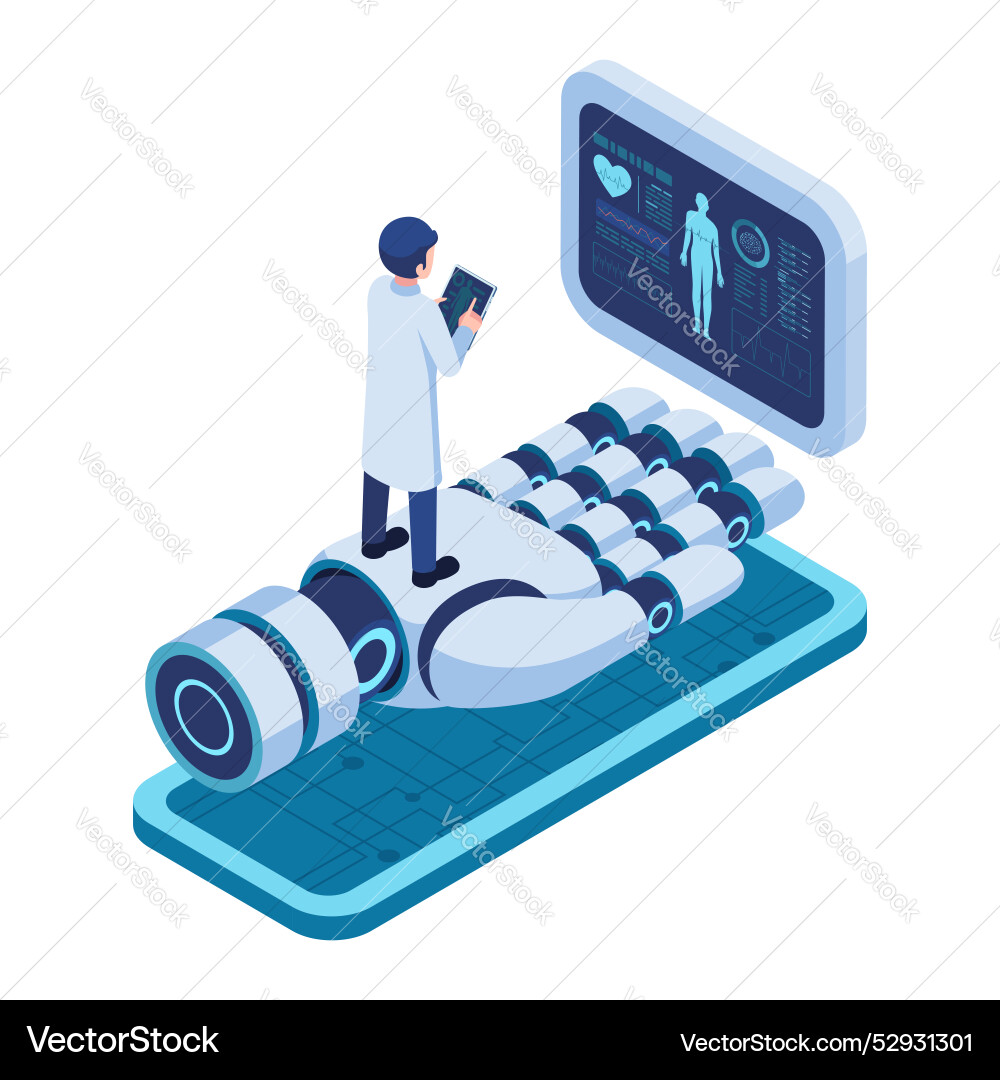 Isometric doctor on ai robotic hand displaying Vector Image